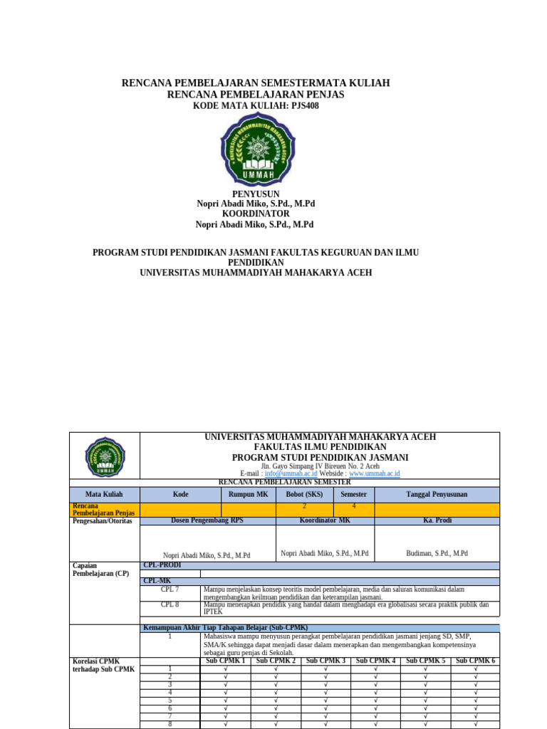 RPS ''Rencana Pembelajaran Penjas'' | PDF