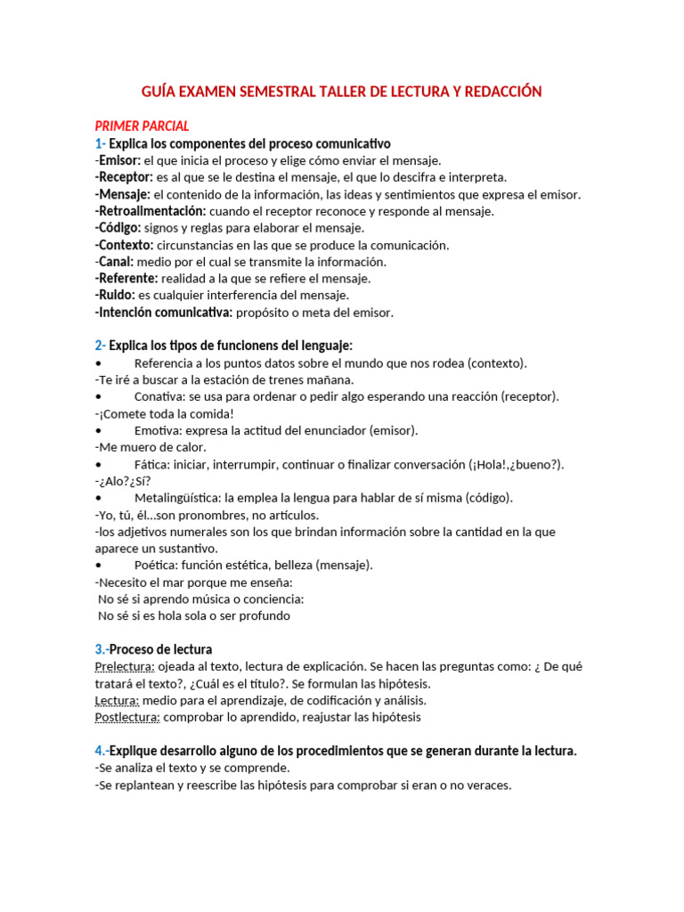 Guía Examen Semestral Taller de Lectura y Redacción | PDF | Mecánica del lenguaje | Gramática