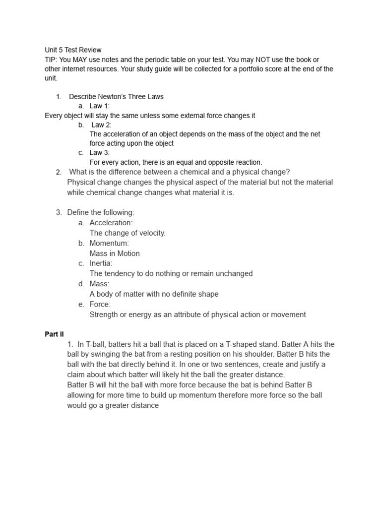 Unit 5 Test Review 2023 | PDF | Force | Mass