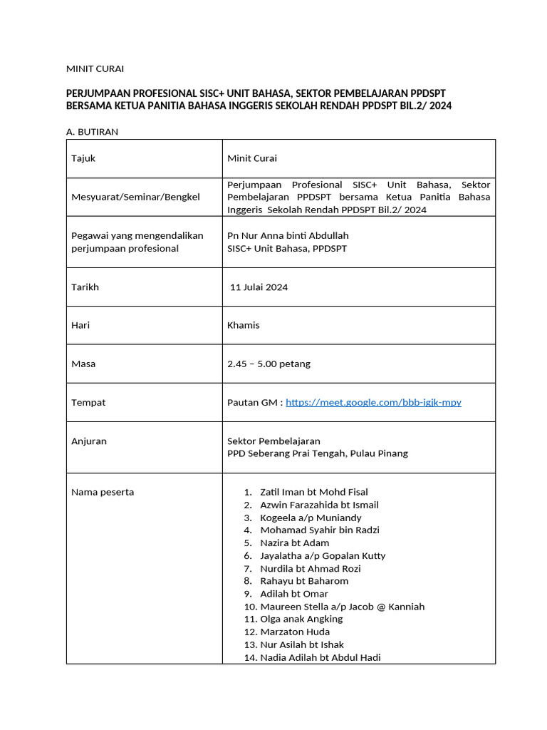 Minit Curai PP Kpbi Bil2 2024 | PDF