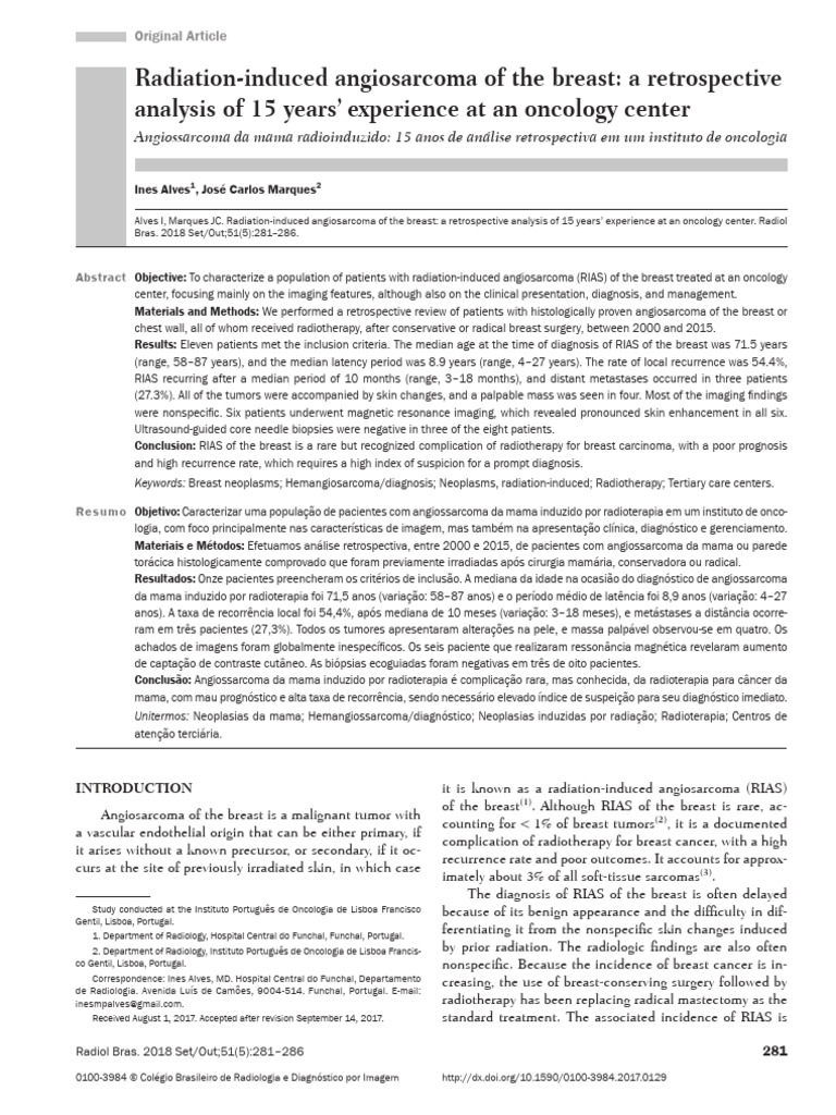 Radiation Induced Angiosarcoma of The Breast A Retrospective | PDF ...