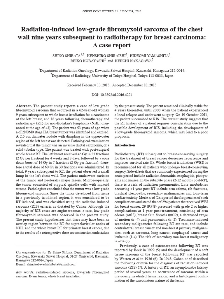 Radiation-Induced Low-Grade Fibromyxoid Sarcoma of The Chest | PDF ...