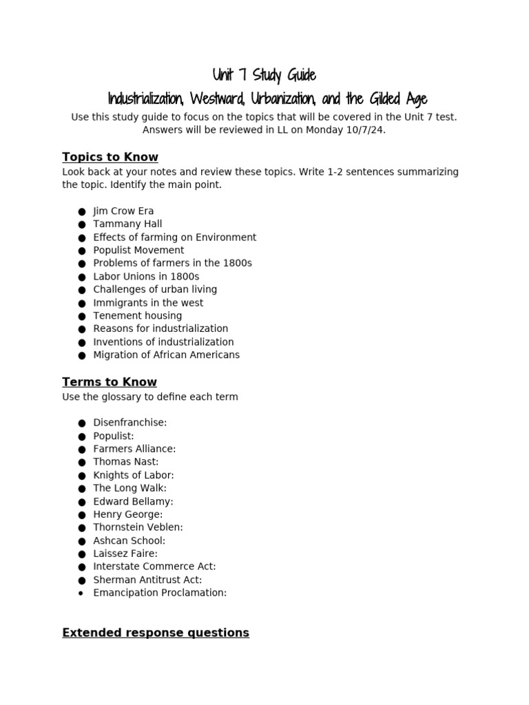 Unit 7 Study Guide Industrialization, Westward, Urbanization, and The ...