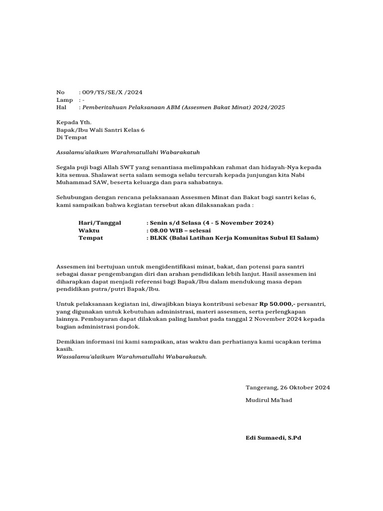 Surat Edaran Pondok Pesantren Subul El Salam | PDF | Karier & Perkembangan