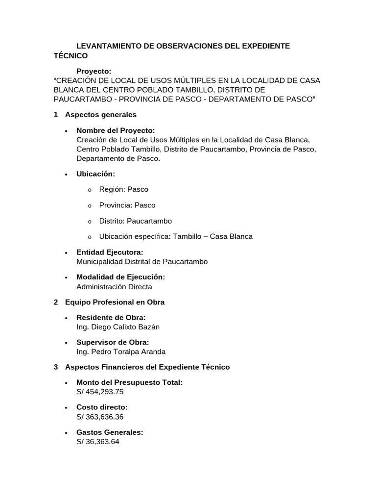 Levantamiento de Observaciones Del Expediente Técnico | PDF | Presupuesto