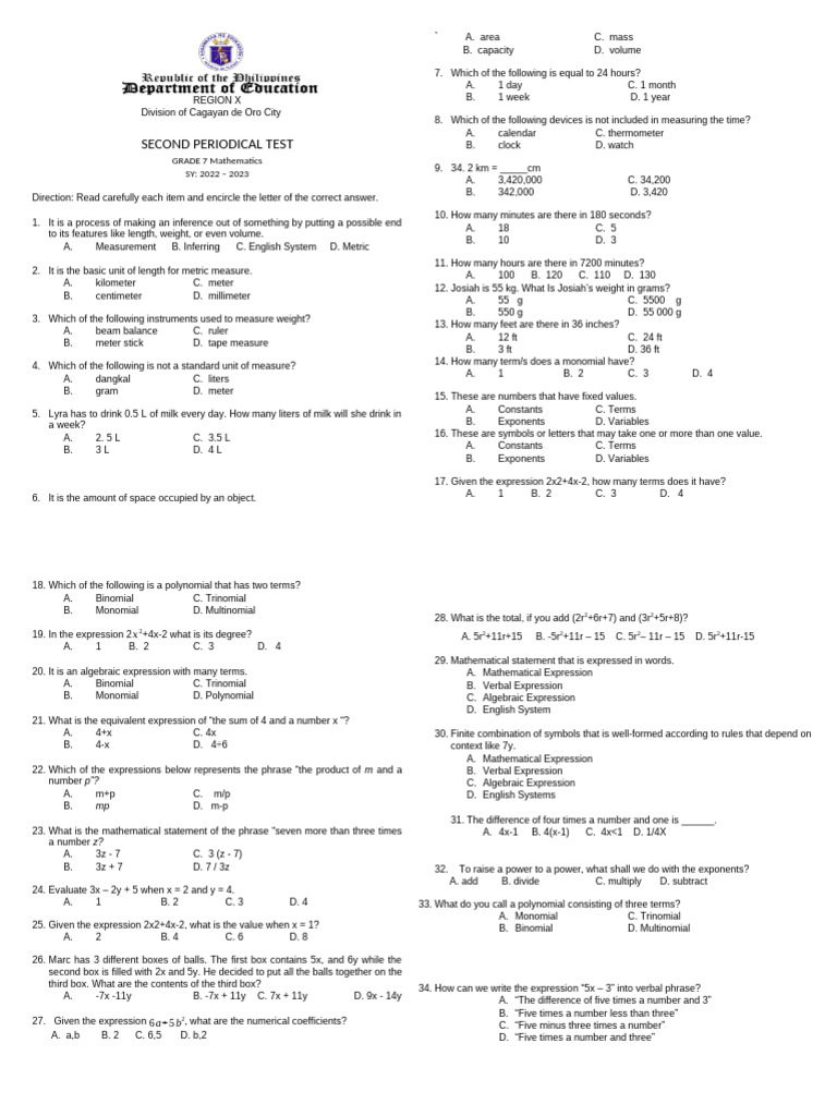 MATH 7 Second Quarter Exam | PDF | Metrology | Abstract Algebra