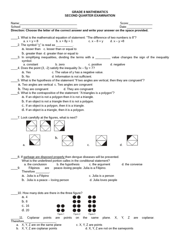 Grade 8 Math Second Quarter Exam | PDF | Mathematics