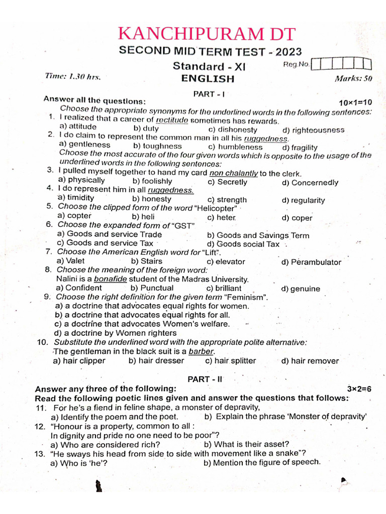 11th English TM Second Mid Term Exam 2023 Question Paper Kanchipuram ...