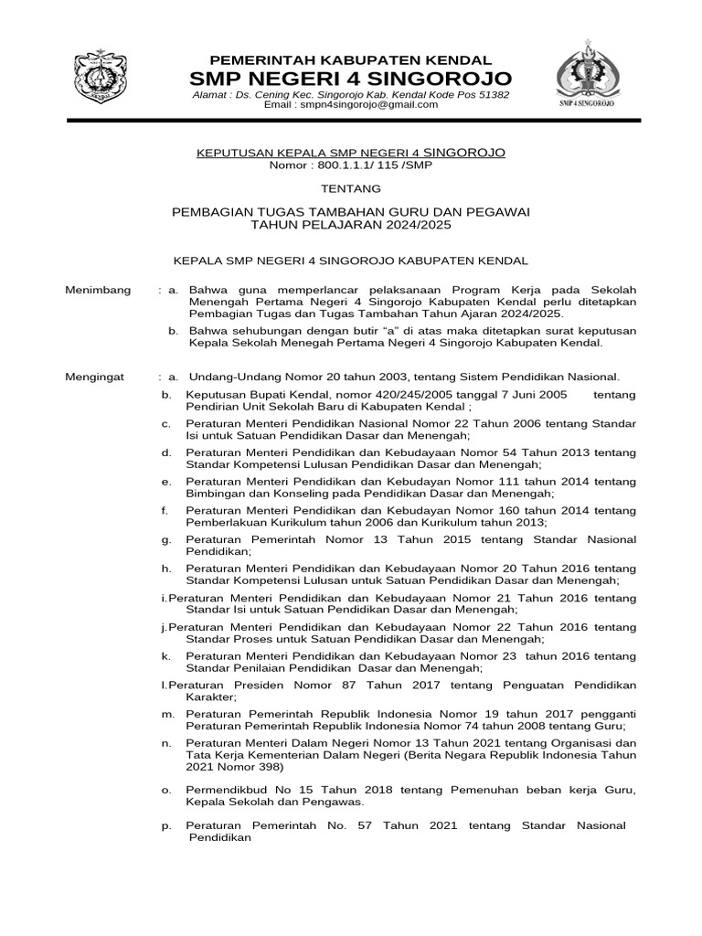 SK Pembagian Tugas Tambahan 2024-2025 Smt. 1 | PDF | Kesehatan Holistik