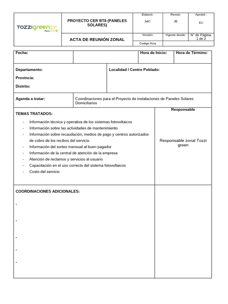 A5 Acta de Reunión - Localidades BT8 | PDF