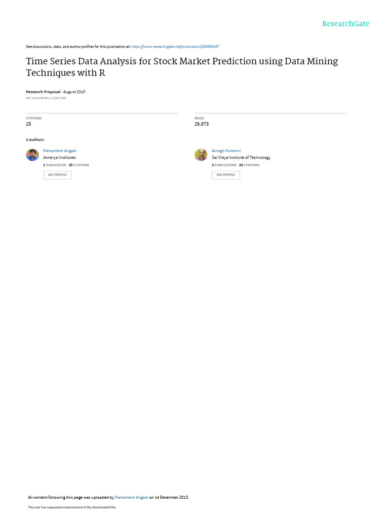Time Series Data Analysis For Stock Market Prediction Using Data Mining Techniques With R | PDF ...