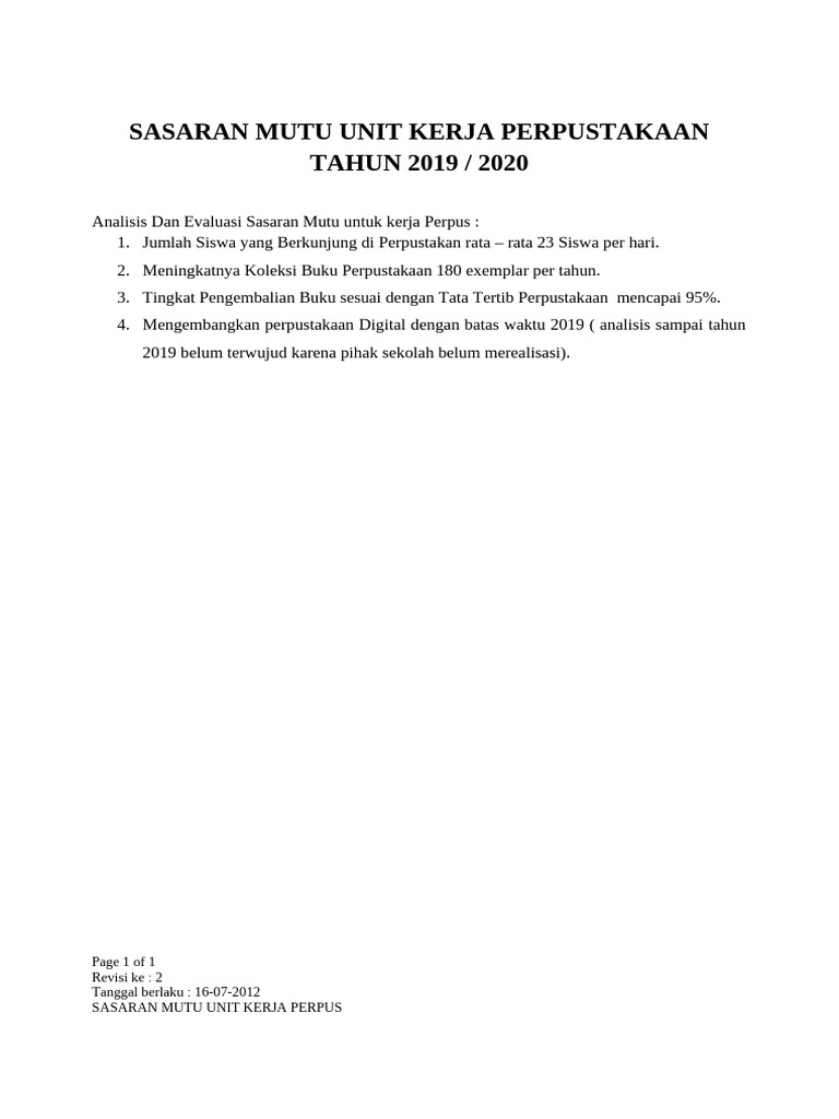 Edit2 Sasaran Mutu Unit Kerja Perpus '14 11 L | PDF