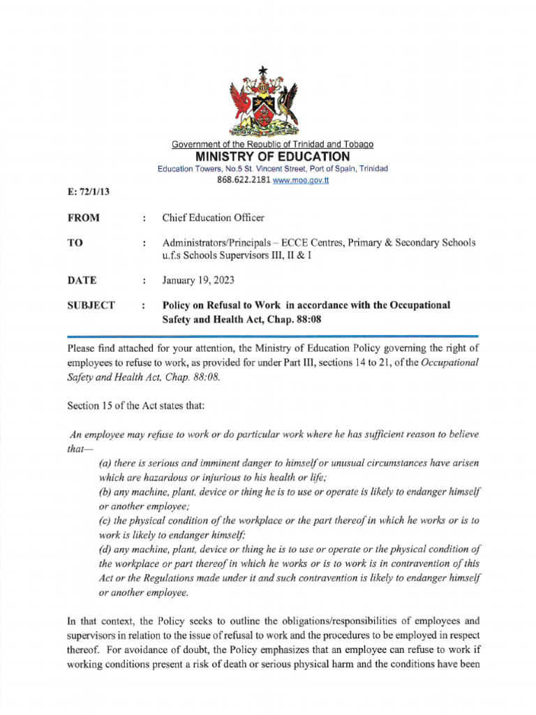 Memo - Policy On Refusal To Work in Accordance With The Occuptional ...