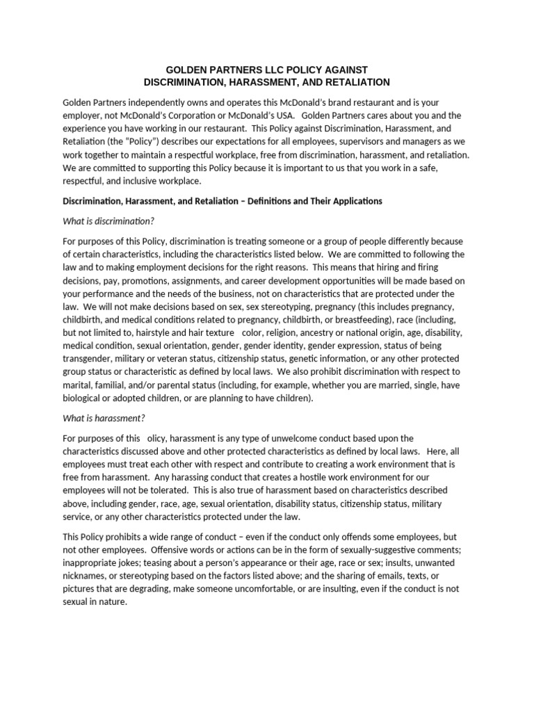 1659056306.1380208 Golden Partners Harrasment Discrimination Retaliation Policy | PDF | Sexual ...
