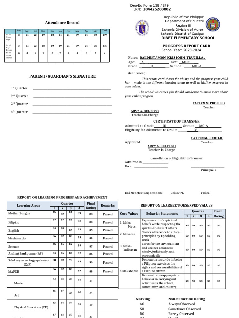 SF9 - Progress-Report-Card-GRADE 3 - 081024 | PDF