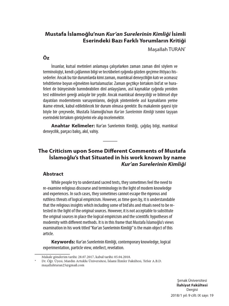 Mustafa Slamo Lu Nun Kur An Surelerinin Kimli I Simli Eserindeki Baz Farkl Yorumlar N Kriti I ...