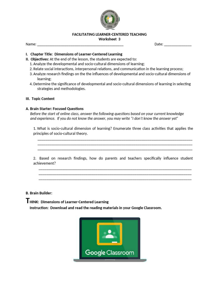 QECI PEC-PCK1 (Worksheet 3) | PDF | Learning | Teachers
