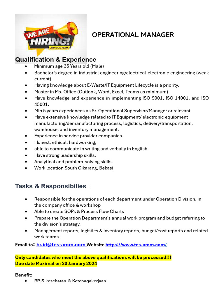 Vacancy Operational Manager | PDF
