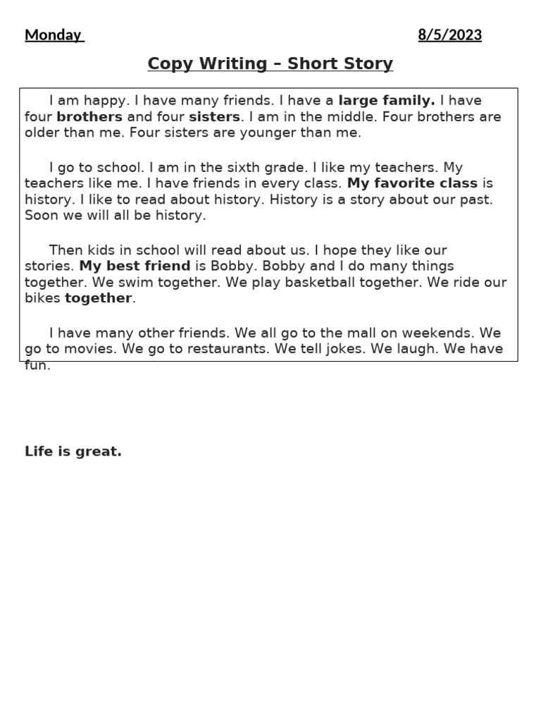 Short Story - Copy Writing Year 4 | PDF
