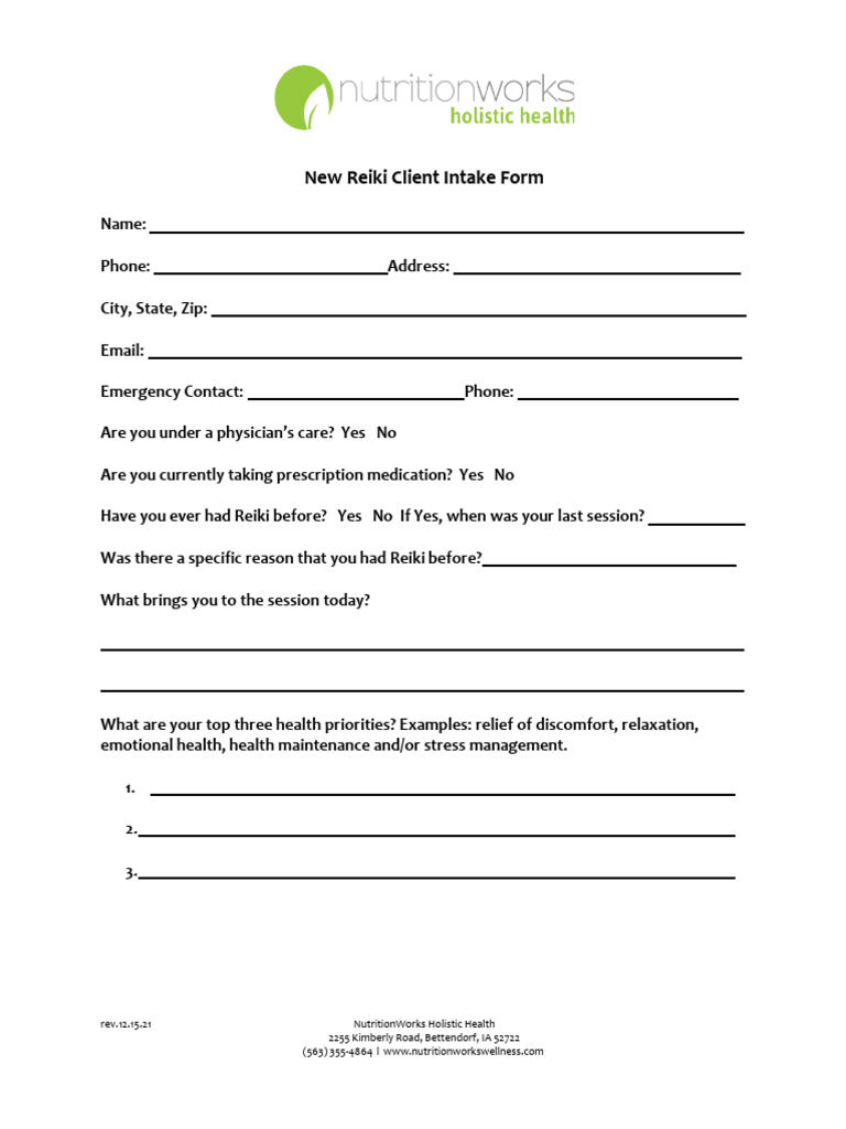 New Reiki Client Intake & Consent Forms | PDF | Reiki | Alternative ...