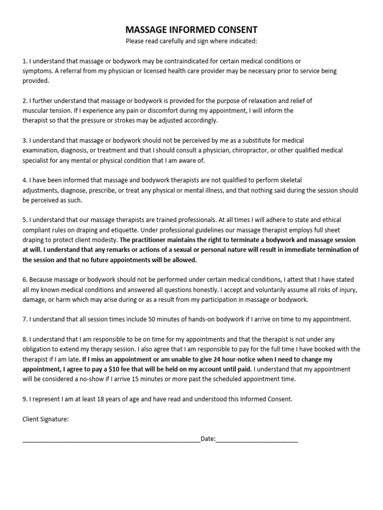 Massage Informed Consent Form | PDF | Massage | Medical Diagnosis