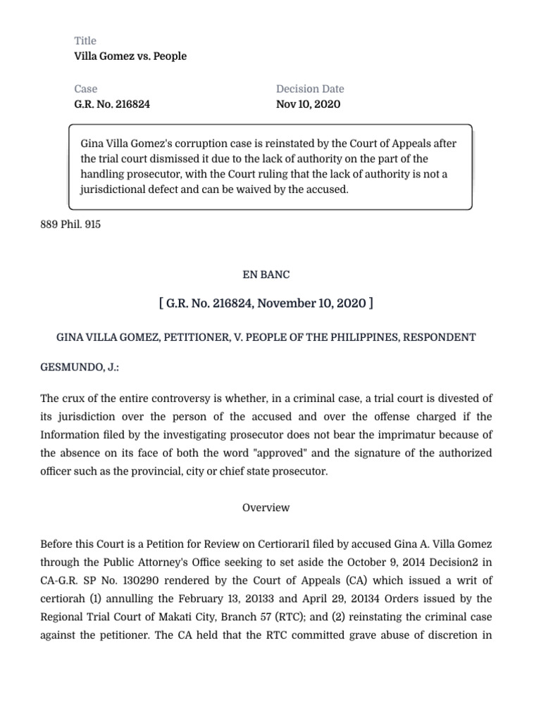 G.R. No. 216824 - Villa Gomez vs. People | PDF | Prosecutor | Acquittal