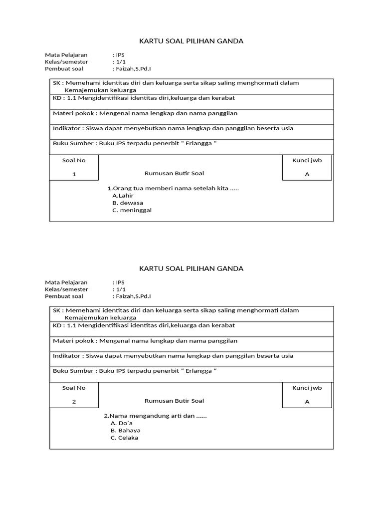 Kartu Soal Pilihan Ganda | PDF