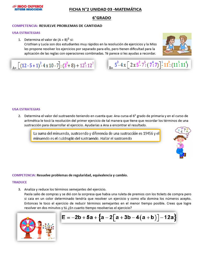 Ficha #2 Matemática 6° Grado Unidad 03 | PDF | Sustracción | Matemáticas