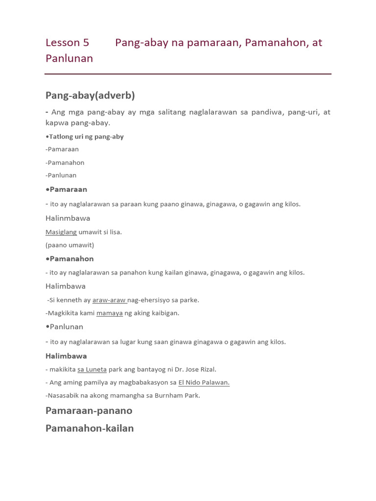 Lesson 5 Pang-Abay Na Pamaraan, Pamanahon, at Panlunan | PDF