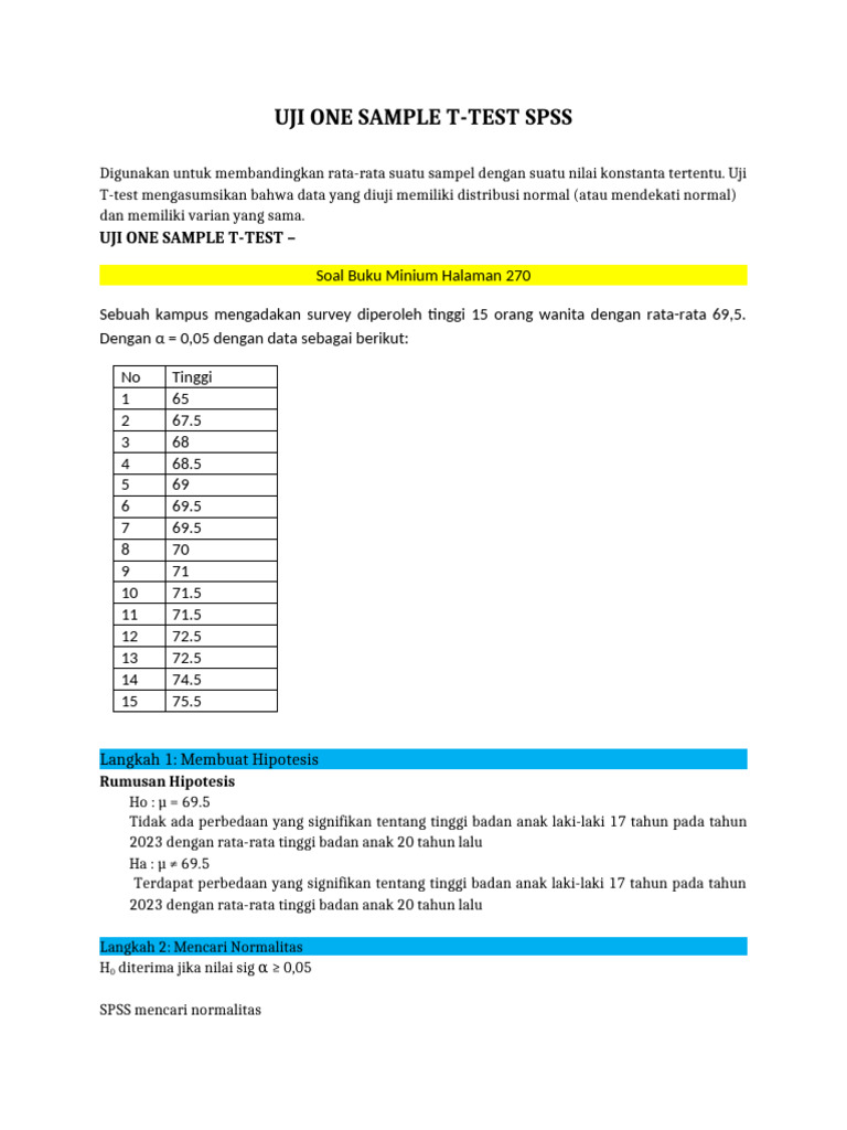 Uji One Sample T-Test SPSS untuk Tinggi Badan | PDF