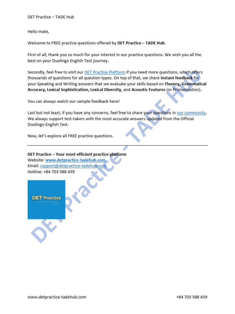 Free Practice Questions Det Practice Tade Hub | PDF | Learning | Applied Linguistics