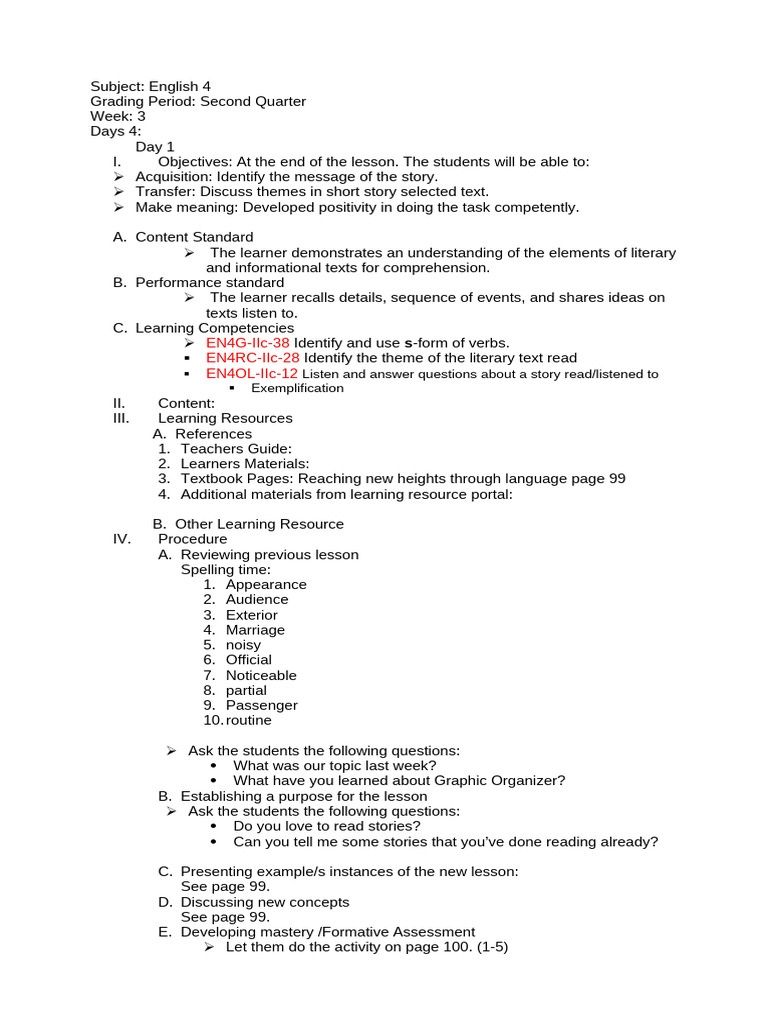 Grade 4 English: Second Quarter Lessons | PDF | Reading Comprehension ...