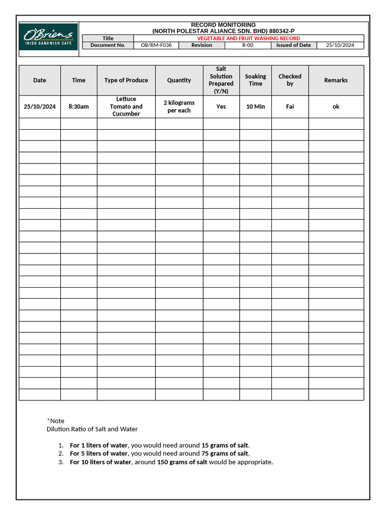 Vegetable Washing Record Compliance | PDF
