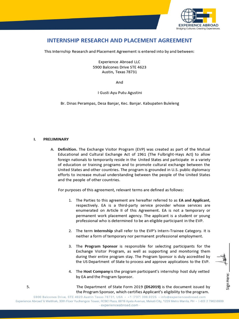 Internship Placement Agreement in Bali | PDF | Travel Visa | Payments