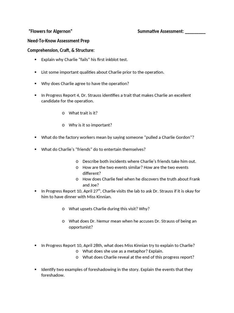 "Assessment Guide for Flowers for Algernon" | PDF | Cognitive Science ...