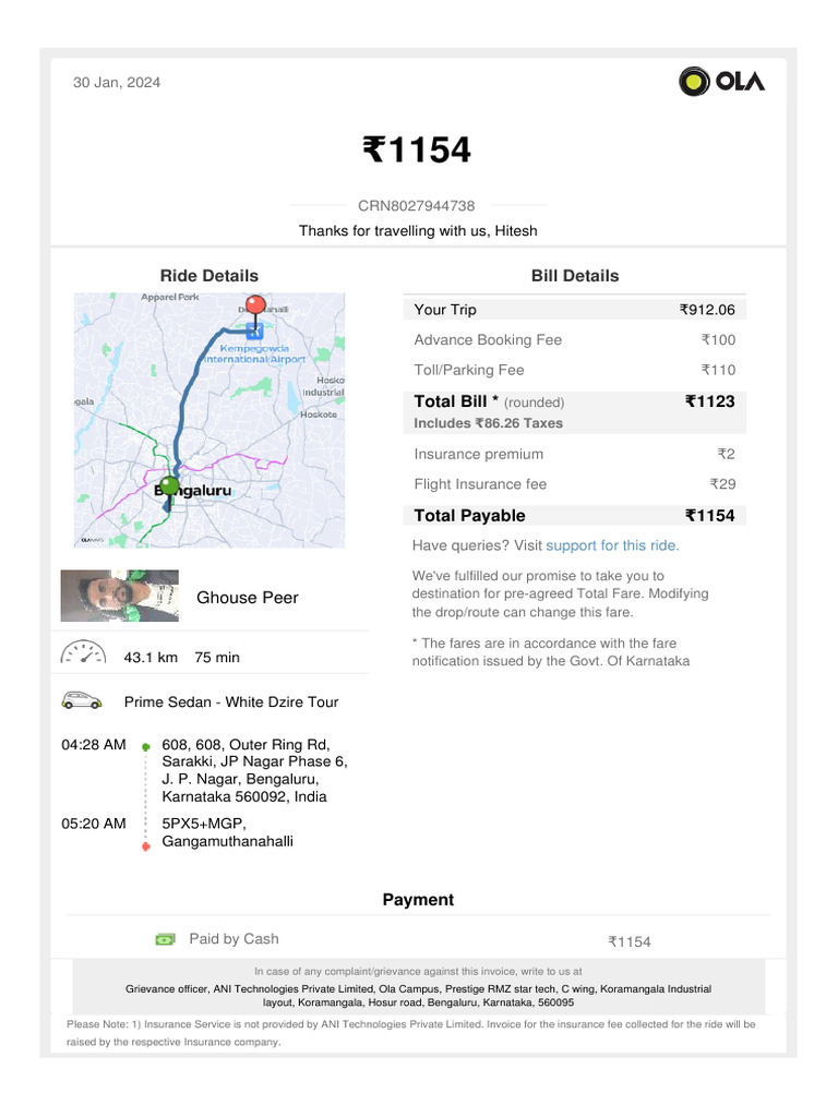 Ola Ride Invoice Bengaluru 2024 | PDF | Invoice | Payments