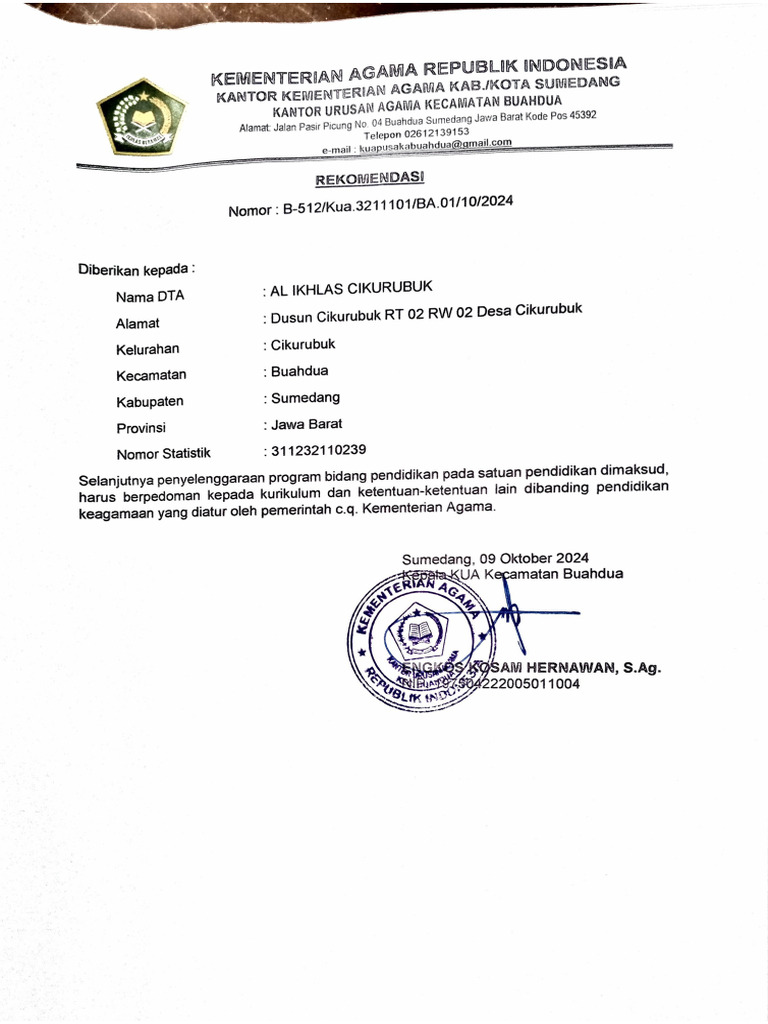 Rekomendasi KUA Al Ikhlas Cikurubuk | PDF