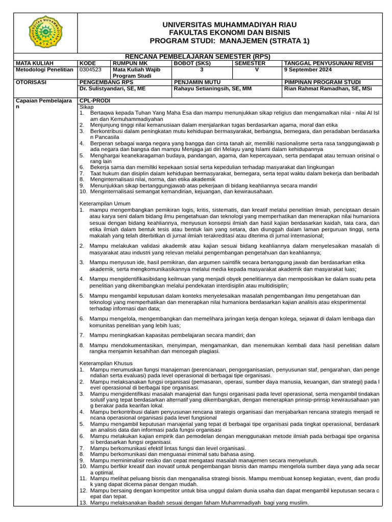1dd96 Rps Metodologi Penelitian Fix | PDF | Seni | Sains & Matematika