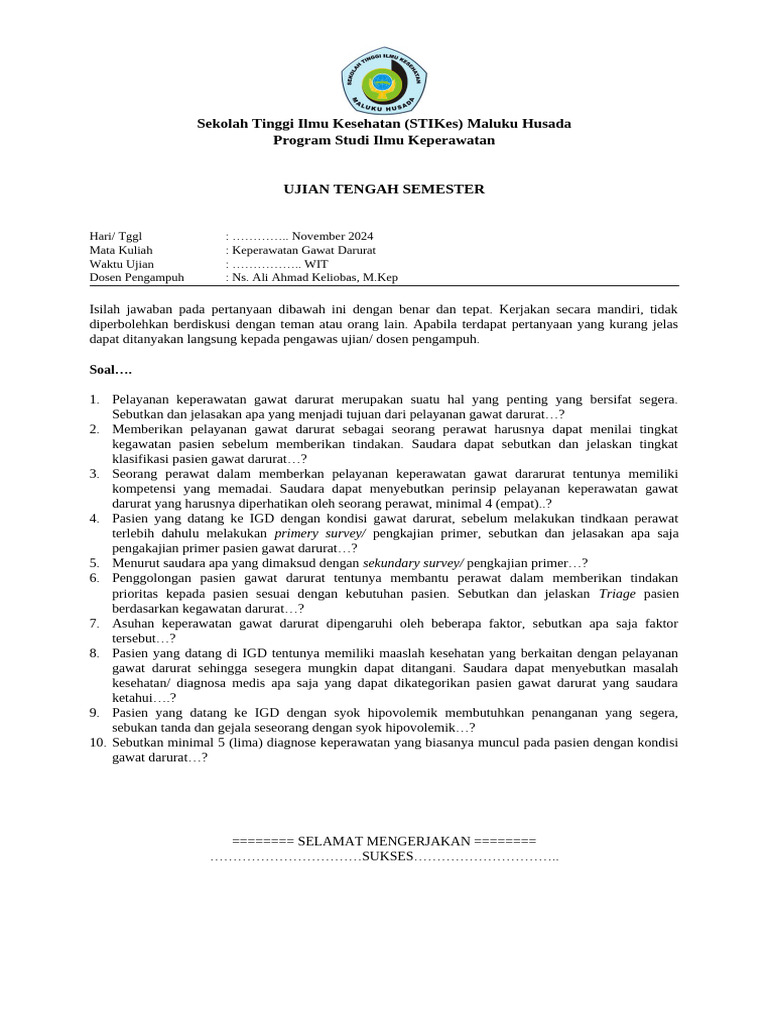 Soal UTS Kep. Gadar - 2024 | PDF