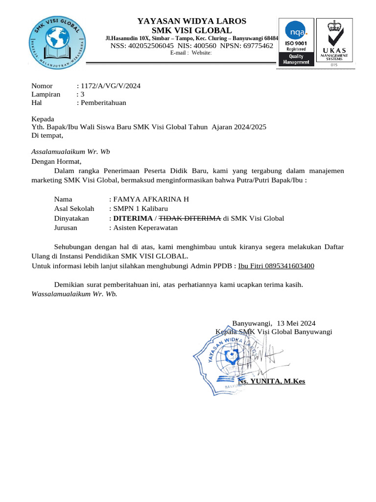 Surat Keterangan Diterima | PDF