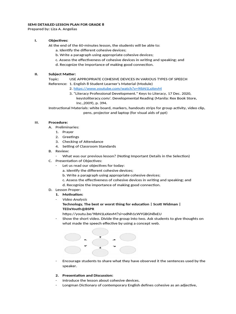 Semi Detailed Lesson Plan For Grade 8 (Cohesive Devices) | PDF | Lesson ...
