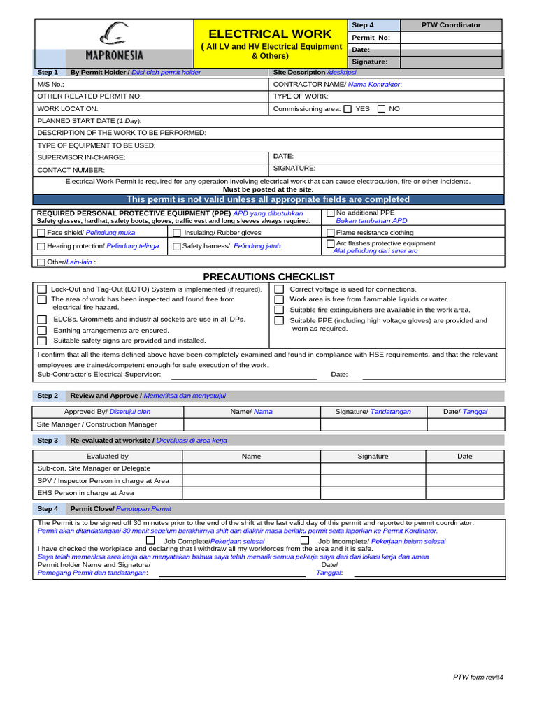 (J1) PTW - Electrical Work - Rev04 | PDF | Personal Protective ...