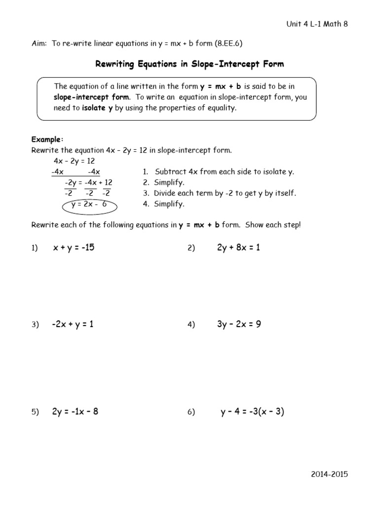 Writing Equations in Slope Int Form More Practice | PDF | Mathematics ...