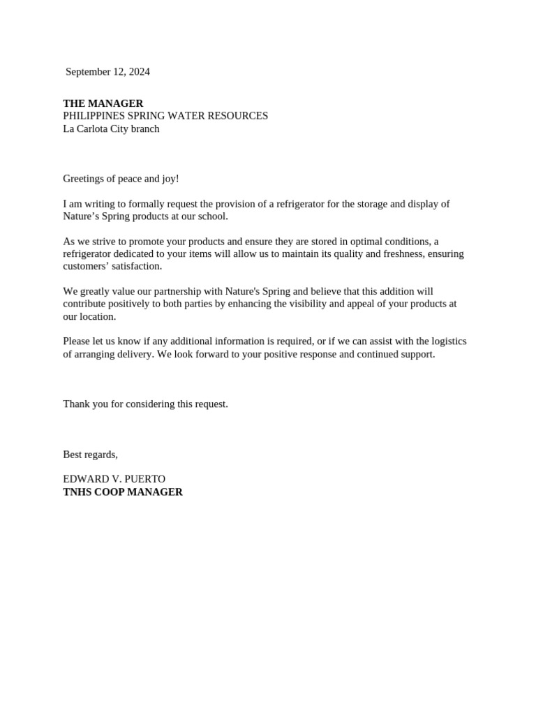 Request Letter For Refrigerator | PDF