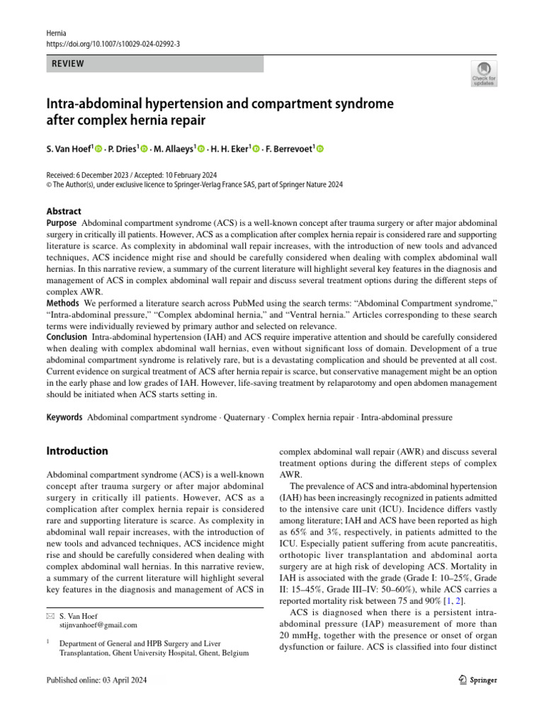 Intraabdominal Hypertension and Compartment Syndrome After Complex ...