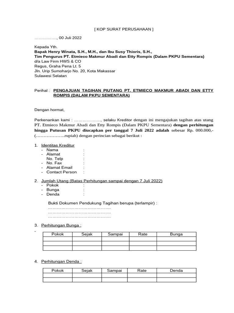 Pengajuan Tagihan Piutang PKPU | PDF