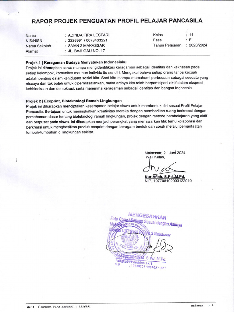 Rapor Projek Penguatan Profil Pelajar Pancasila - Adinda | PDF