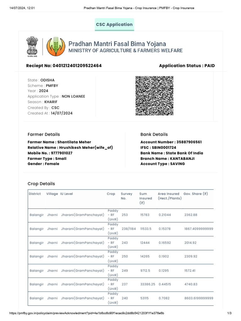PMFBY Crop Insurance Receipt 2024 | PDF | Financial Services