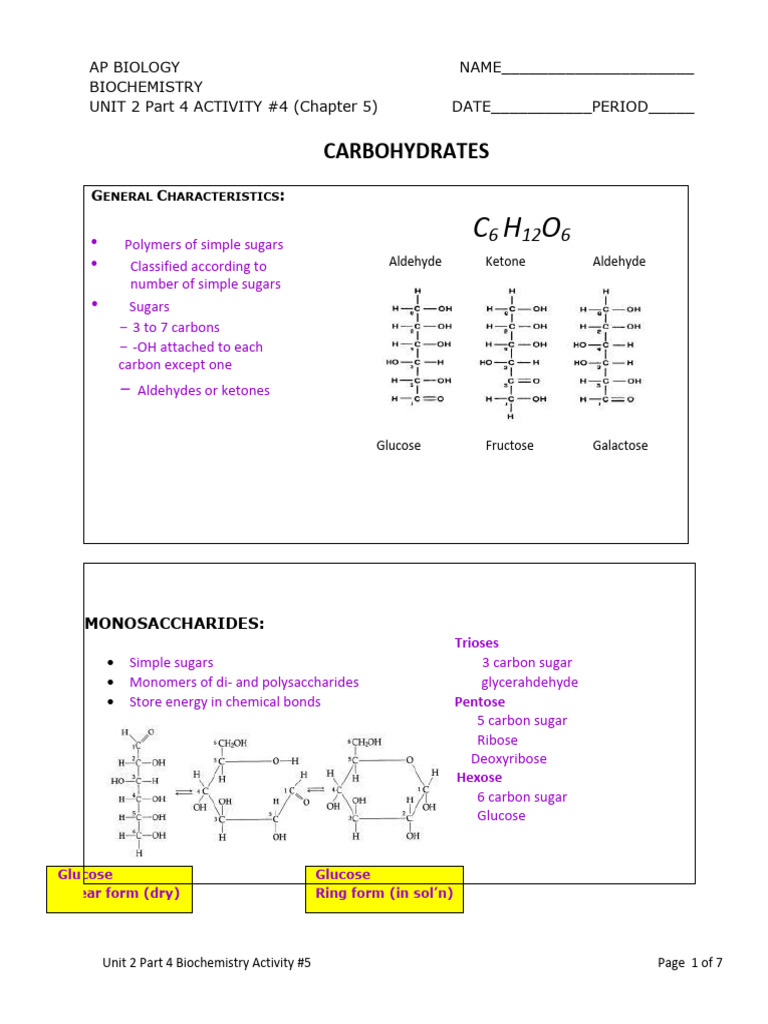 Carbohydrates Worksheet 1 | PDF | Carbohydrates | Polysaccharide