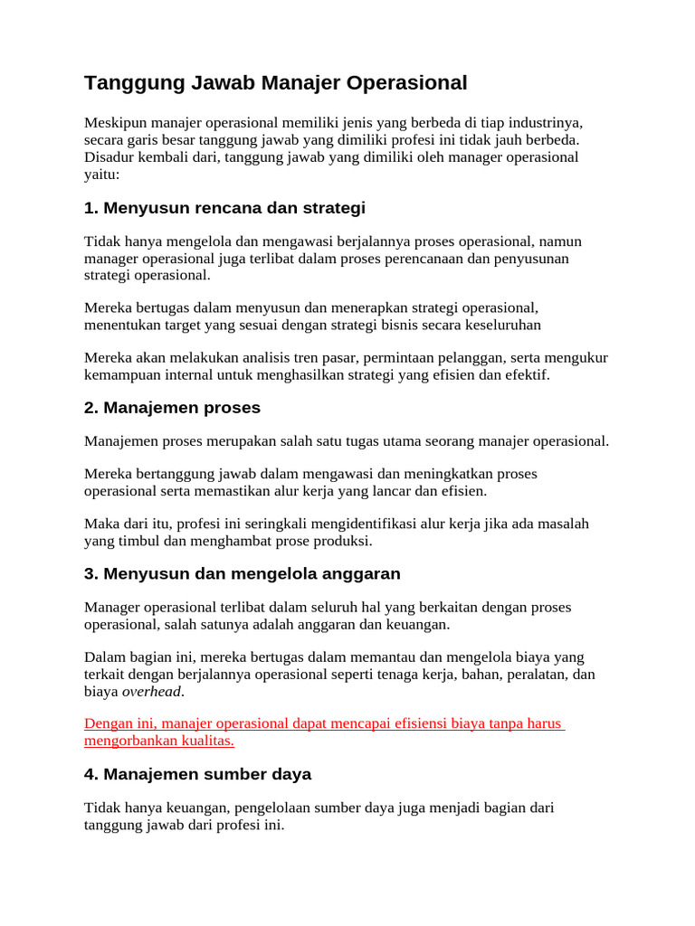 Tanggung Jawab Manajer Operasional | PDF | Karier & Perkembangan | Bisnis